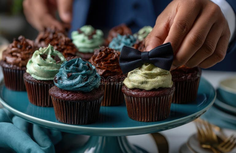 Pastry Chef Placing Bow Tie on Chocolate Cupcake with Icing Stock Image ...