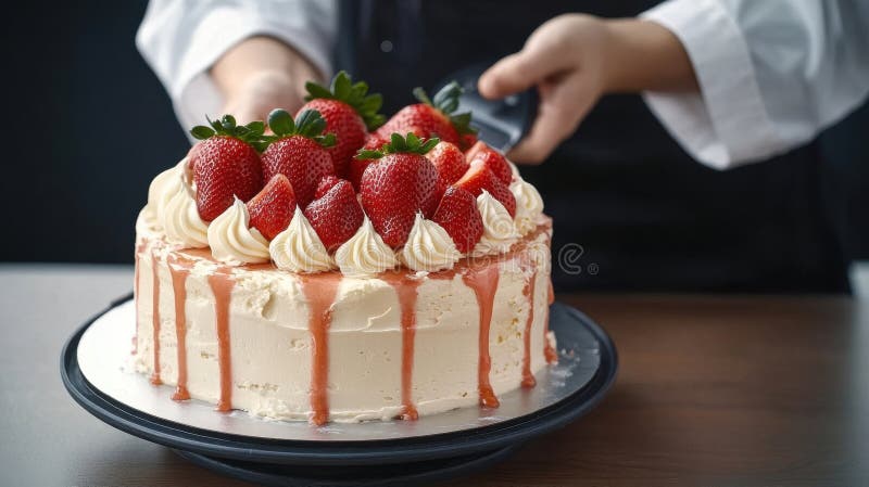 Pastry Chef Decorates Fresh Strawberry Cake with Icing in Bakery ...