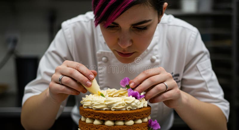 Pastry Chef Decorating a Cake with Icing and Edible Flowers Stock ...