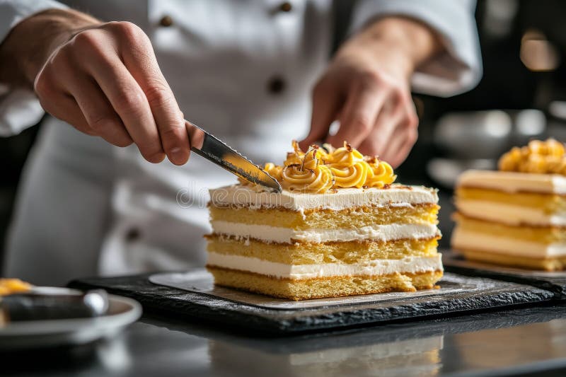 Pastry Chef Decorating a Cake with Intricate Details in a Luxury Bakery ...