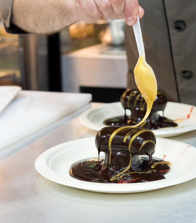 Pastry Chef Decorating, Chef Preparing Desert Chocolate Cake Stock ...