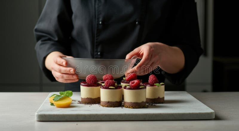 Pastry Chef Decorating Raspberry Cheesecake Desserts in Kitchen Stock ...