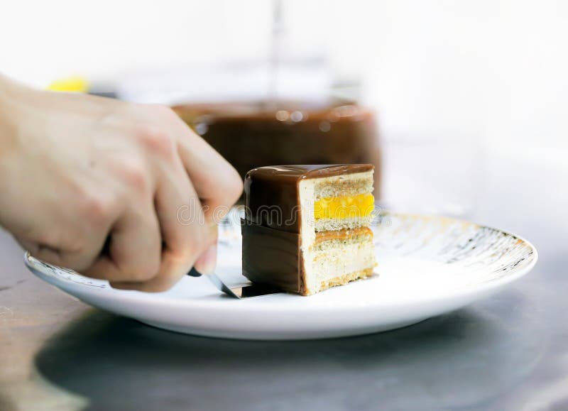 Pastry Chef Hand with Decorating Cake, Chef Cutting Homemade Chocolate ...