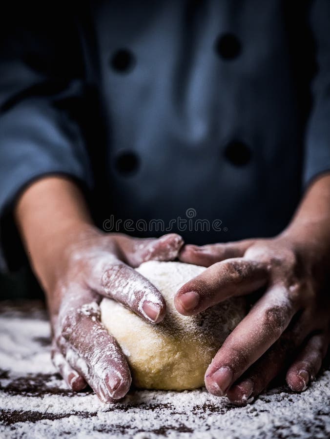 Pastry Chef Hand Kneading Raw Dough with Sprinkling White Flour Stock ...