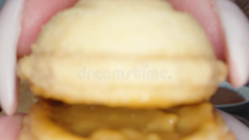 Pastry Chef Joins Two Half Biscuits in the Form of a Nut, Super Macro ...
