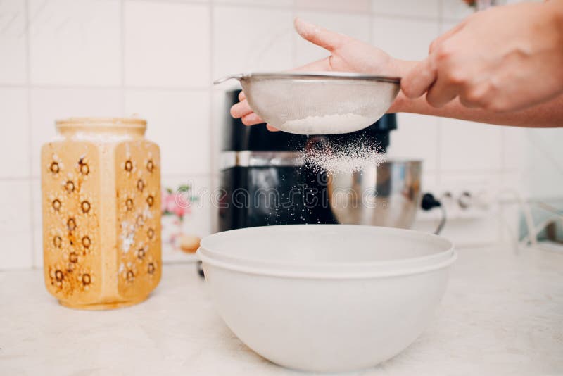 Pastry Chef Sift Pours Flour Makes Cake. Cooking and Preparing Dessert ...