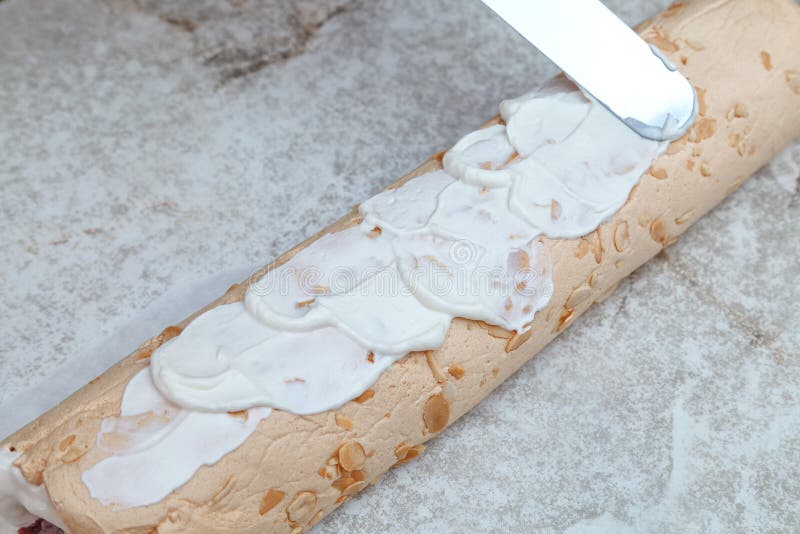 Pastry Chef Smears Cream on Meringue Roll Stock Image - Image of ...