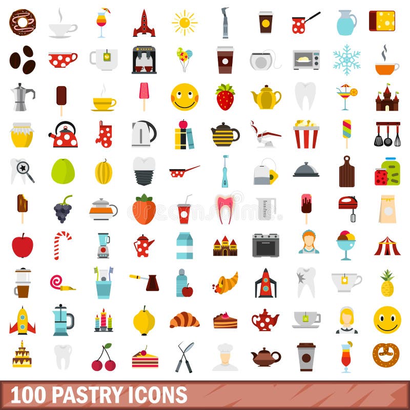 100 Pastry Icons Set, Flat Style Stock Vector - Illustration of candies ...