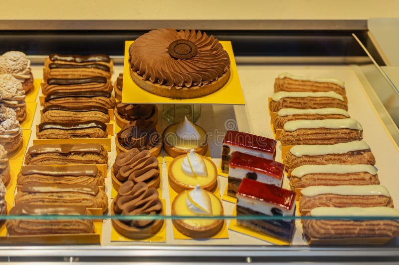 Pastry Selection in Bakery Display Case. Concept of Variety and ...
