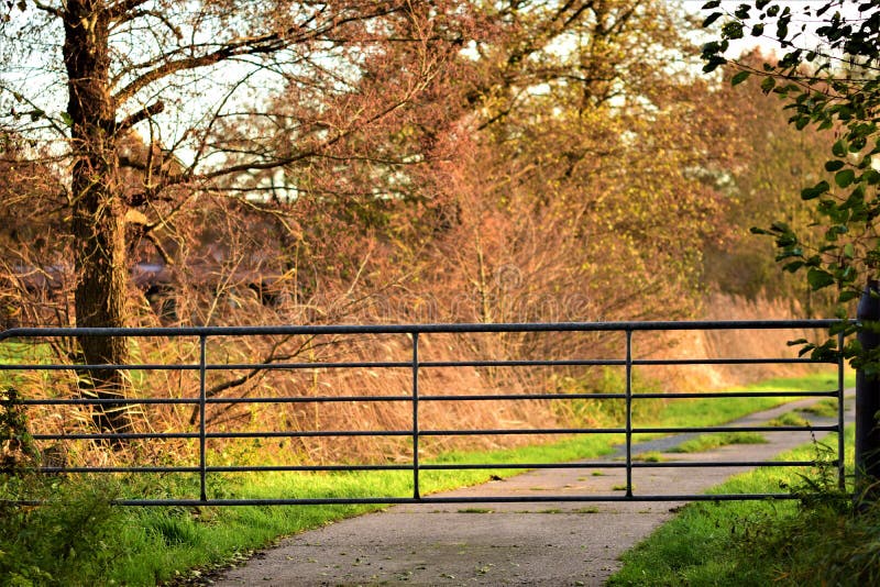 Pasture Gate Blocks a Small Concrete Road Stock Image - Image of gate ...