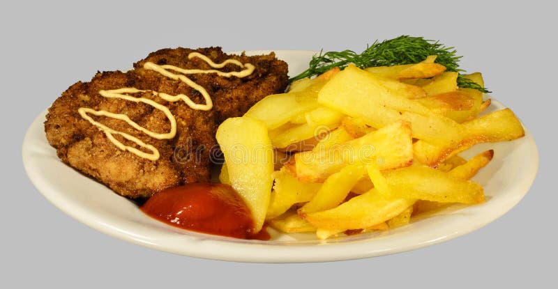 Patate Fritte Con I Tagli Del Pollo Fotografia Stock - Immagine di ...