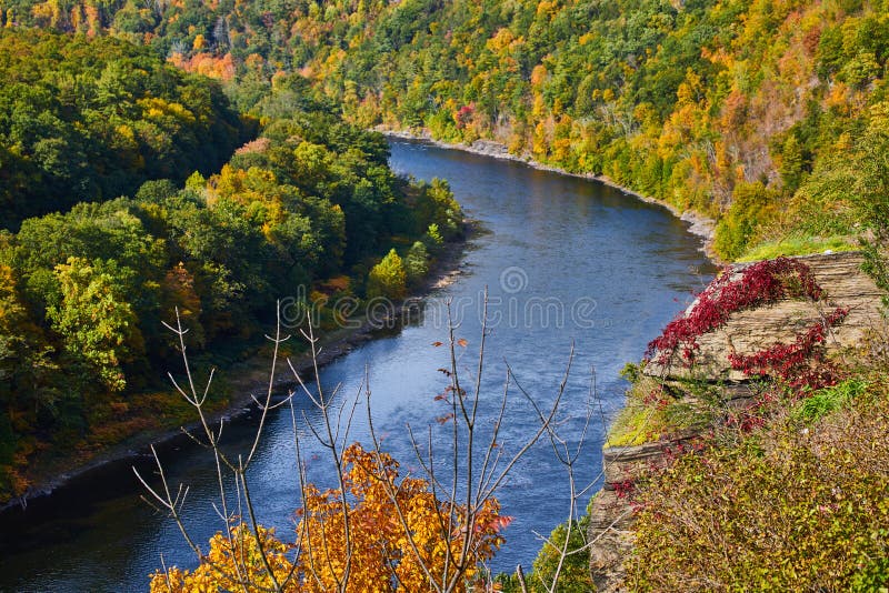 Patch of Delaware River from Above in Early Fall with Rock Covered in ...