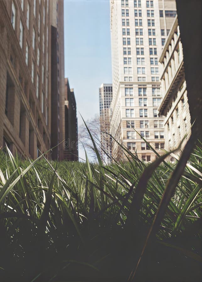 Patch Grass Foreground Tall Buildings Background, Perspective Sunlight ...