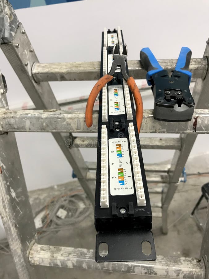 Patch Panel with Two Pliers on a Ladder Closeup View with Selective ...