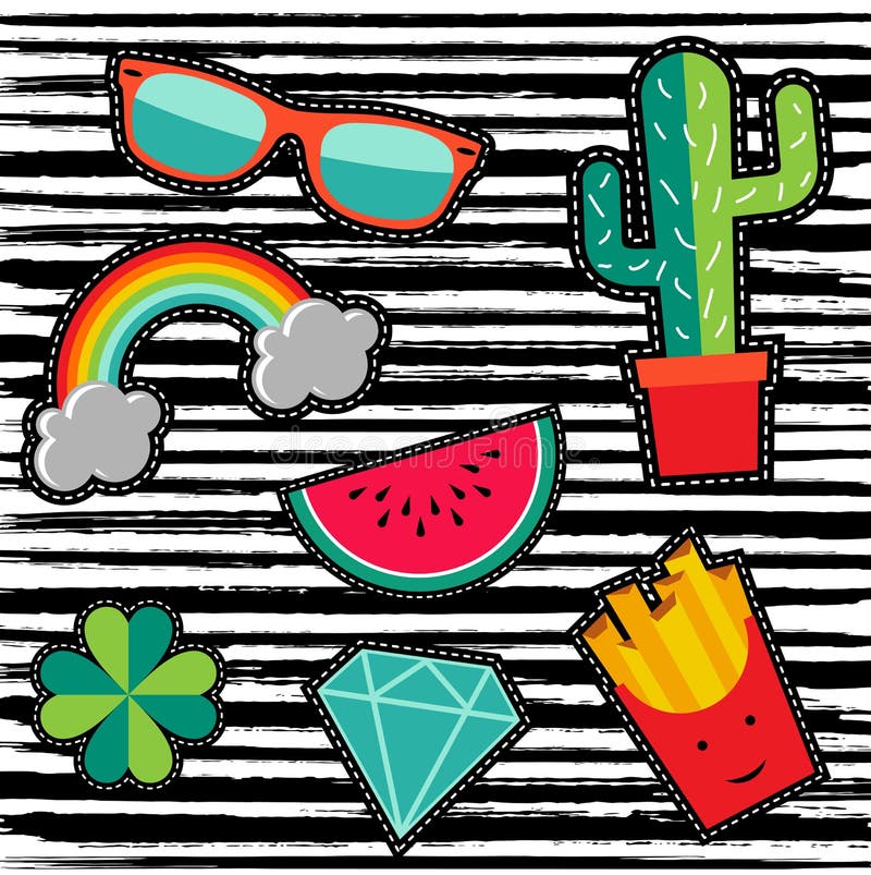 Patch Set with Cute Cartoon Illustrations Stock Vector - Illustration ...