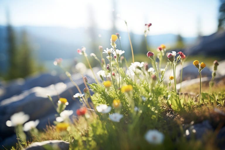 Patch of Wildflowers Basking in Sun Atop a Mountain Stock Photo - Image ...