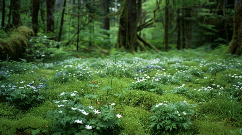 A Patch of Wildflowers Growing Amidst a Carpet of Soft Velvety Moss on ...
