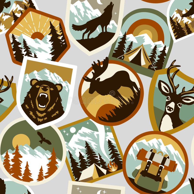 Seamless Vector Pattern with Vintage Patches on Light Grey Background ...