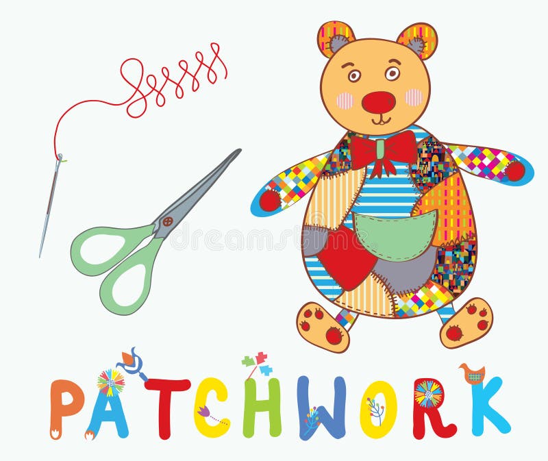 Patchwork Background with Bear, Needle Stock Vector - Illustration of ...