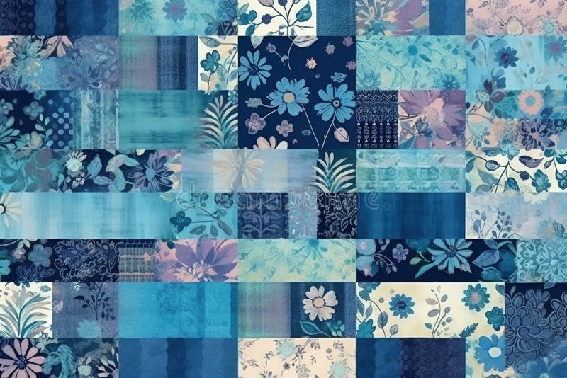 Patchwork Blue Flowers Background, Concept of Textile Design, Created ...