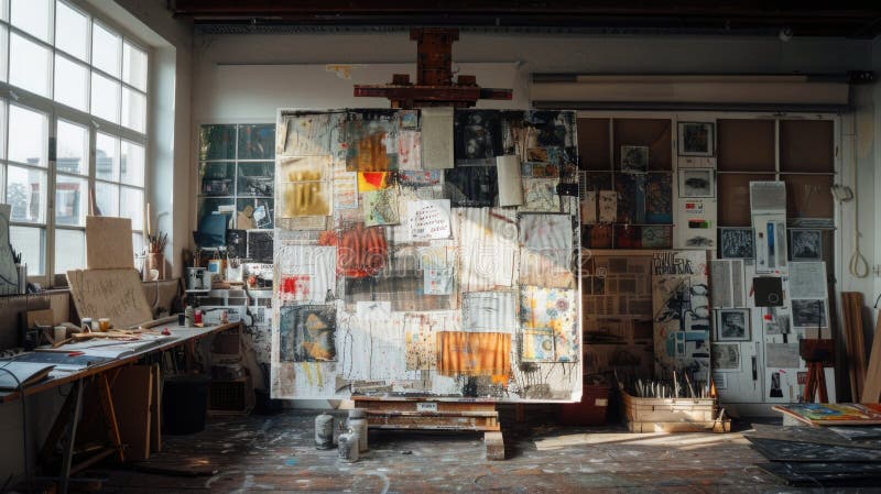 A Patchwork Canvas on an Easel, Composed of Various Fabric Pieces in an ...