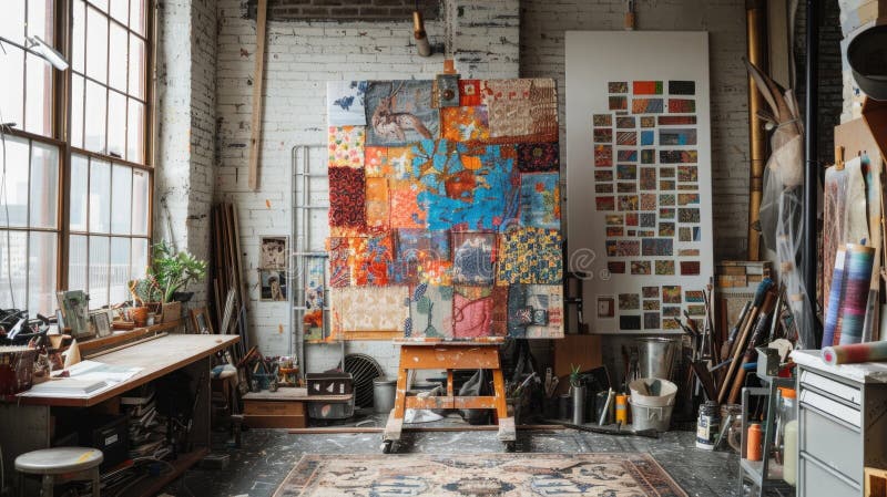 A Patchwork Canvas on an Easel, Composed of Various Fabric Pieces in an ...
