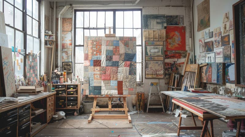 A Patchwork Canvas on an Easel, Composed of Various Fabric Pieces in an ...
