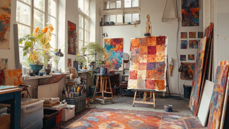 A Patchwork Canvas on an Easel, Composed of Various Fabric Pieces in an ...