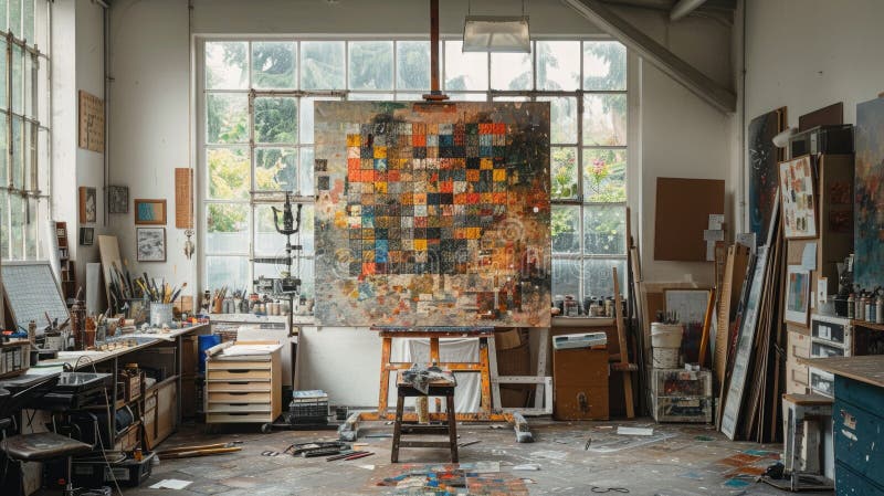 A Patchwork Canvas on an Easel, Composed of Various Fabric Pieces in an ...