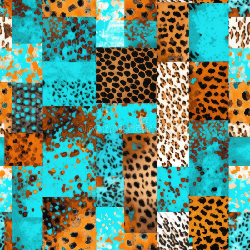 Patchwork Collage of Textured Leopard Prints in Blue and Gold Hues ...