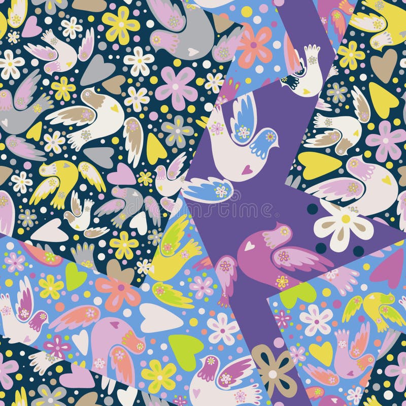 Patchwork Colorful Birds and Flower Pattern Cold Colors Stock Vector ...