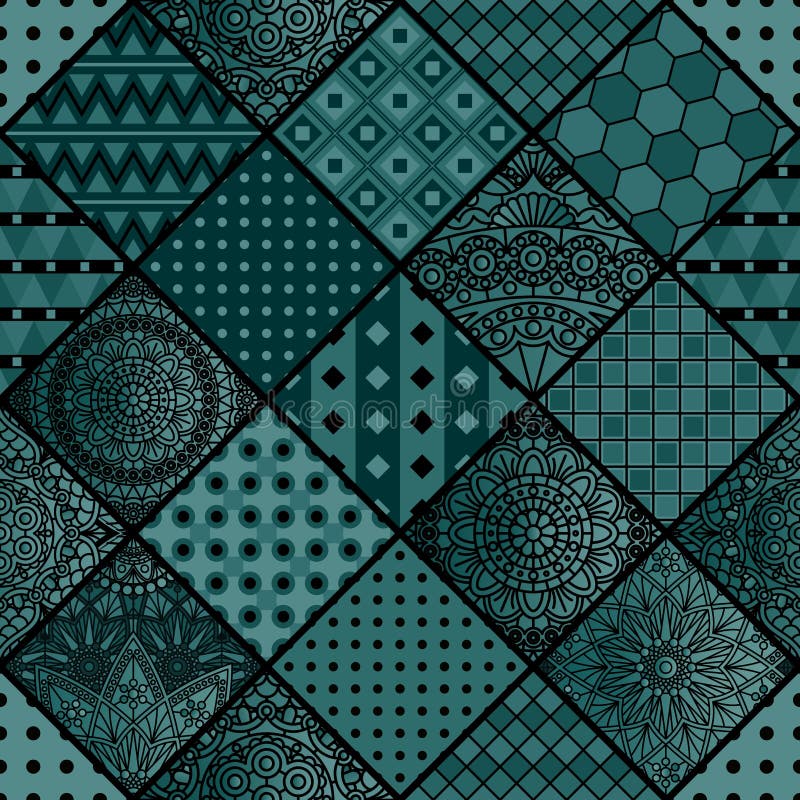 Patchwork in Dark Colors with Geometric and Mandala Patterns. Vector ...