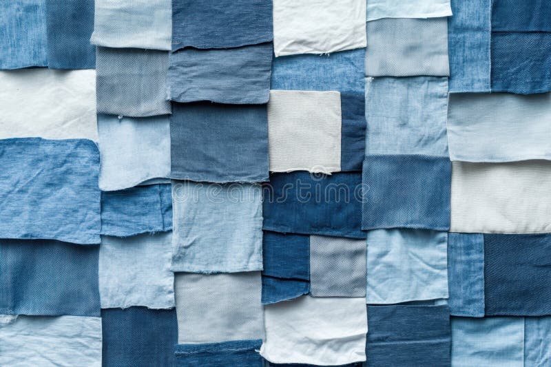 Patchwork Denim Quilt with Varied Blue Tones and Textured Fabric Layers ...