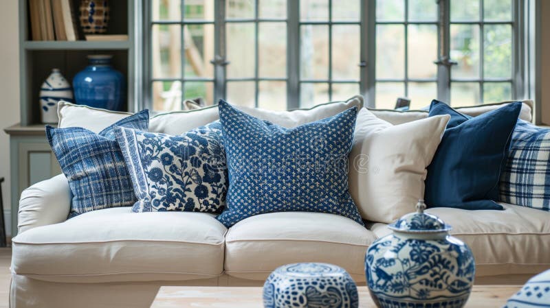 Patchwork Design, Blue Patchwork Print Throw Pillows on a Neutral Sofa ...