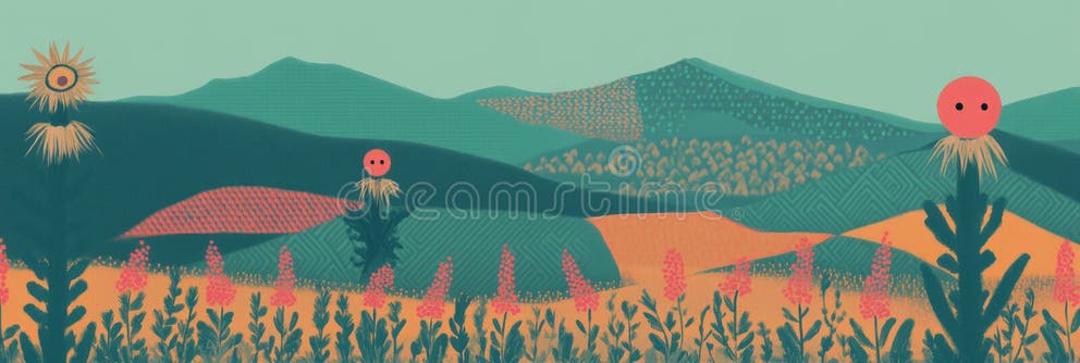 Patchwork Fields and Whimsical Scarecrows among Rolling Hills Under a Sunny Sky Stock ...