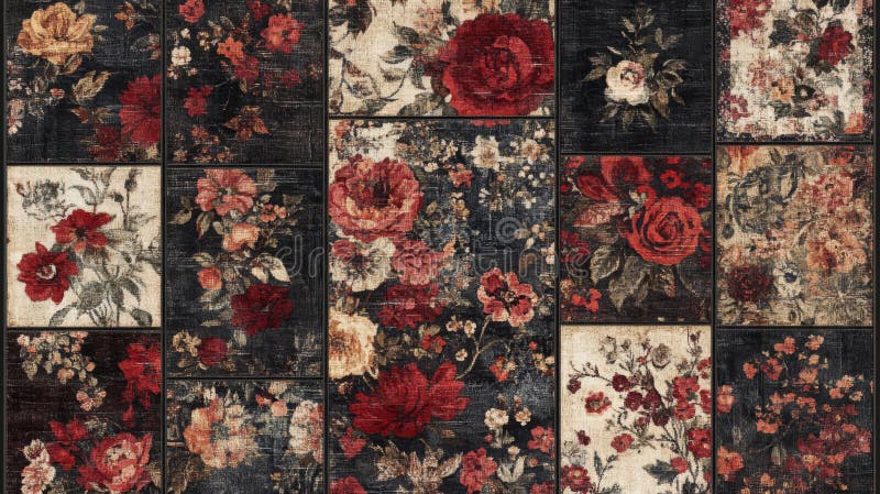 Patchwork Floral Rug with Red Roses and Black Background Stock ...