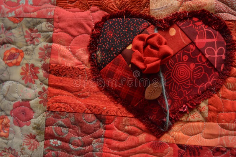 A Patchwork Heart Composed of Red Fabrics on a Quilt Stock Image ...