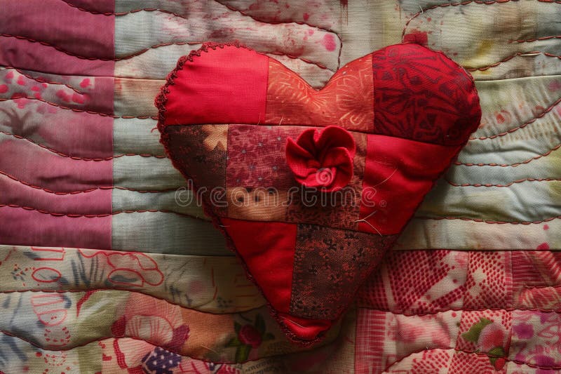 A Patchwork Heart Composed of Red Fabrics on a Quilt Stock Photo ...