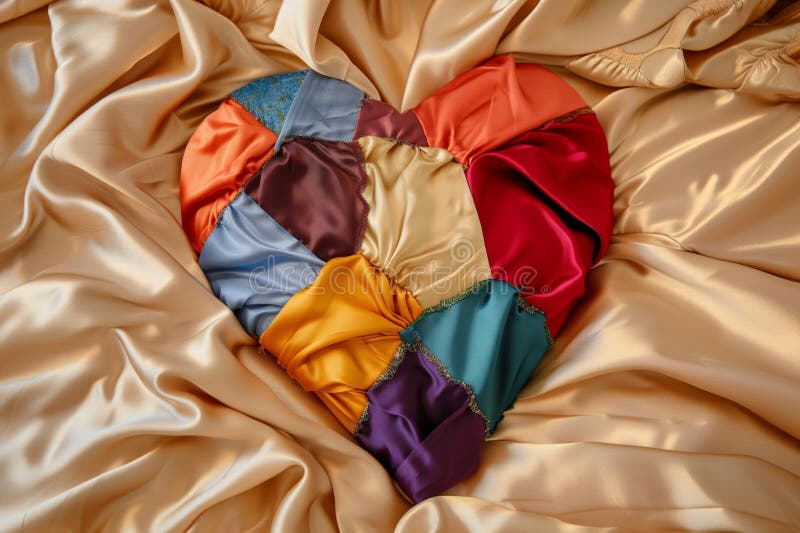 A Patchwork Heart Made from Satin Fabrics on Silk Bedding Stock Image ...