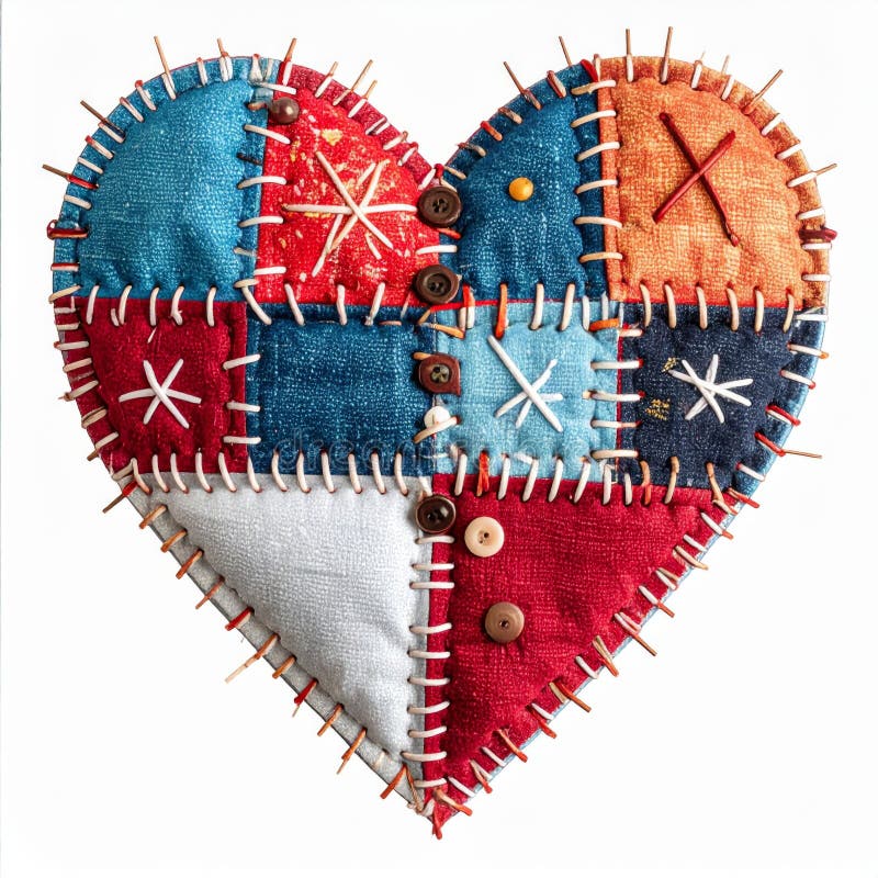 Patchwork Heart with Red, Blue, and Orange Fabrics Stock Illustration ...