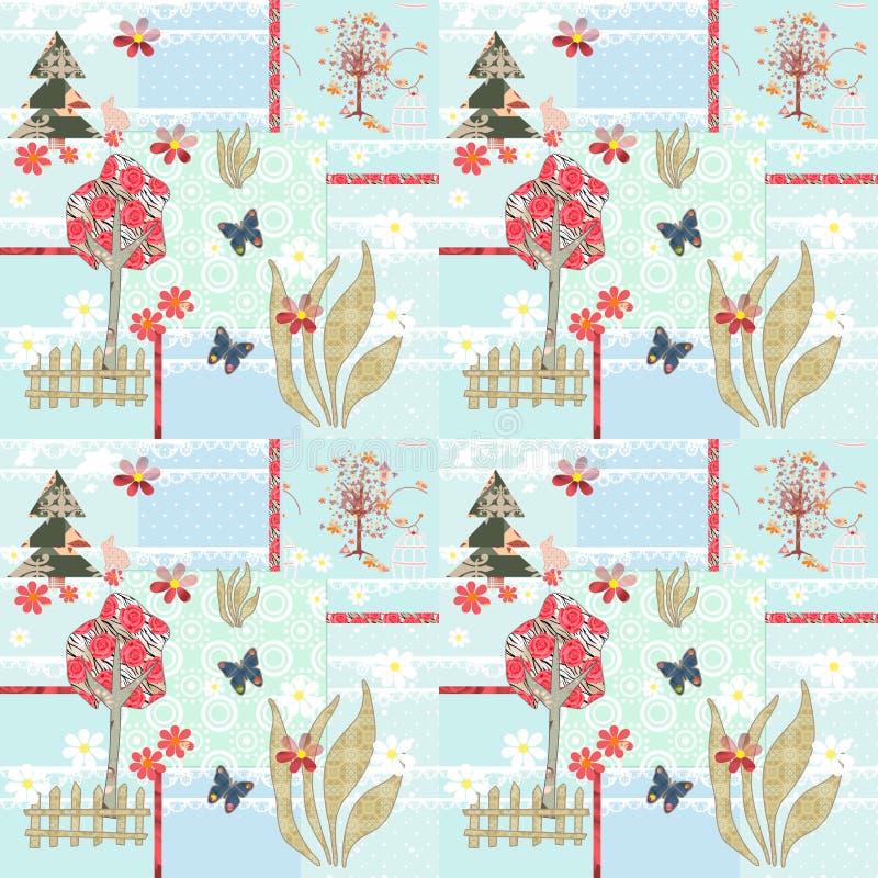 Patchwork for Kids with Colorful Elements and Trees Stock Illustration ...