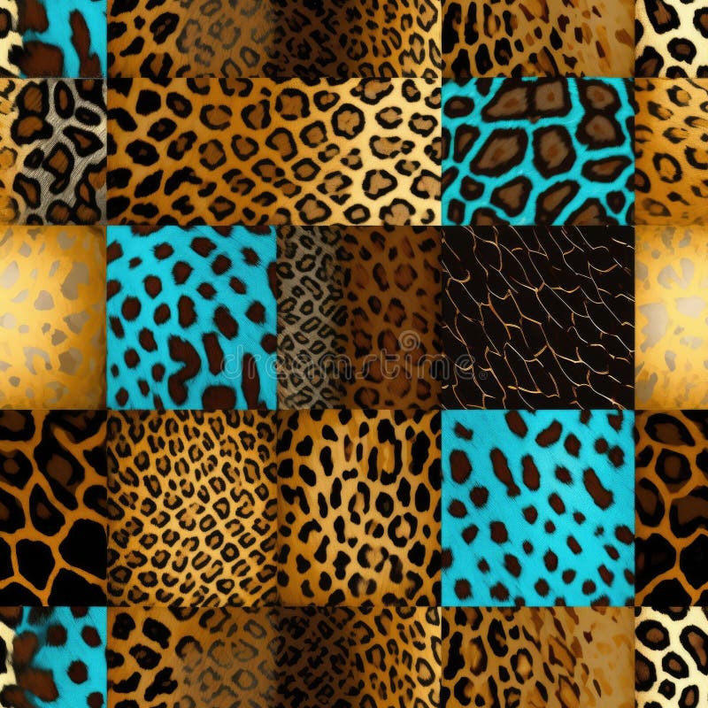 Patchwork of Leopard Prints in Shades of Blue and Golden Hues Stock ...