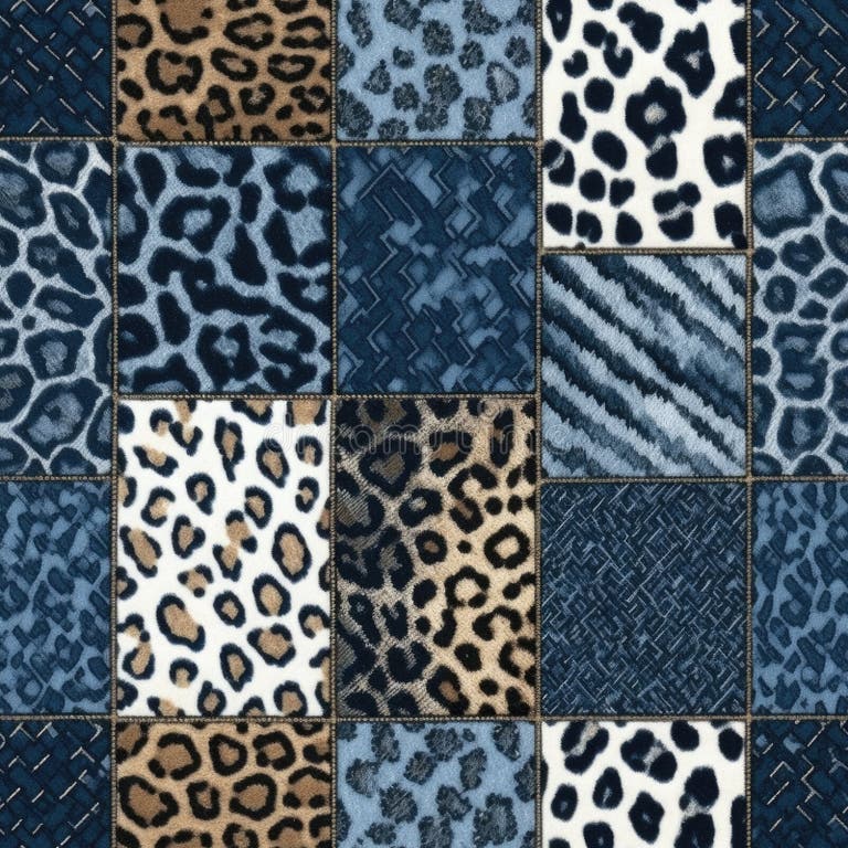 Patchwork of Leopard Spots and Denim Patterns in Blue Tones Stock Image ...