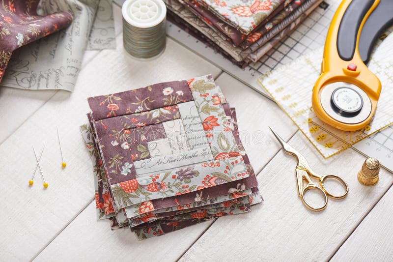 Patchwork Log Cabin Blocks, Stack of Blocks, Sewing Accessories on ...