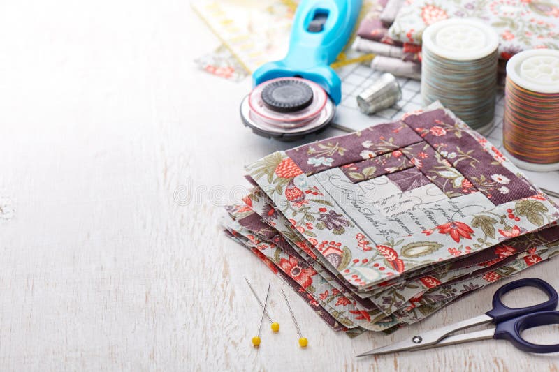 Patchwork Log Cabin Blocks, Stack of Blocks, Sewing Accessories on ...