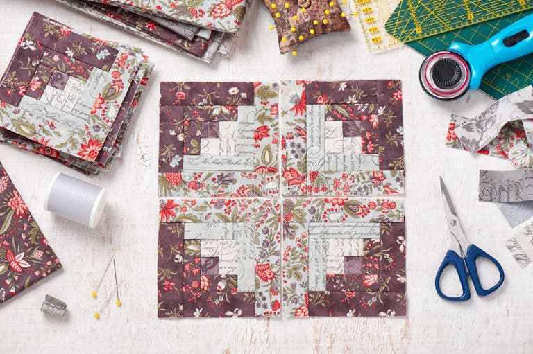 Patchwork Log Cabin Blocks, Stack of Blocks, Sewing Accessories on ...