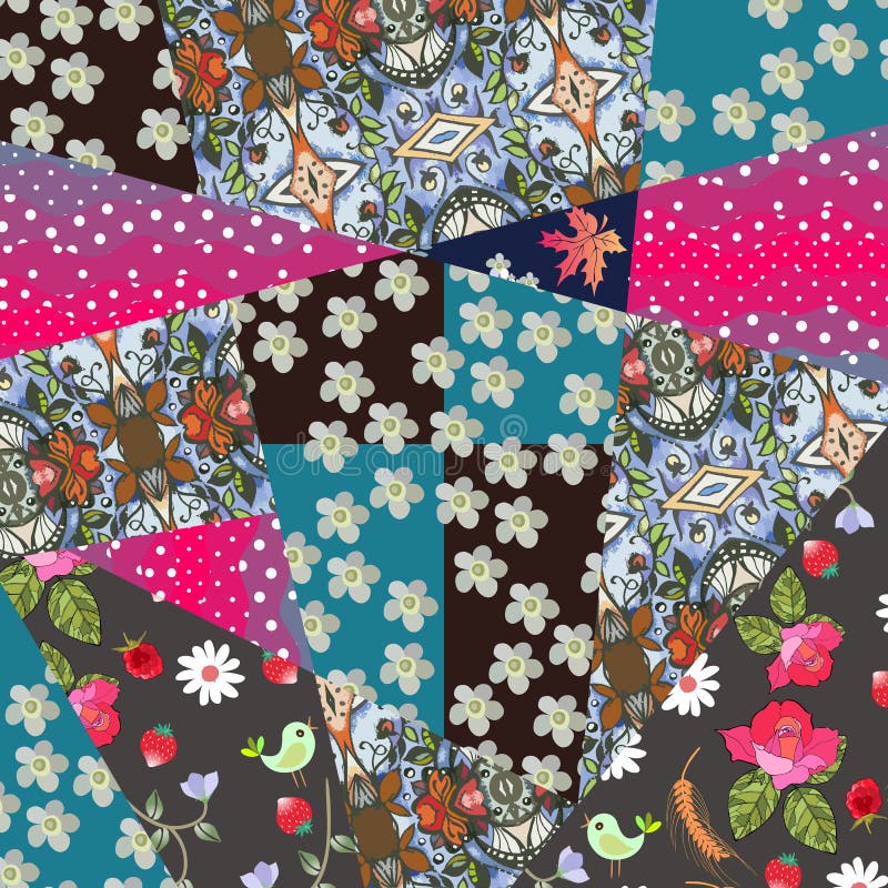 Patchwork Natural Pattern with Yarrow Flower, Maple Leaves, Daisies ...