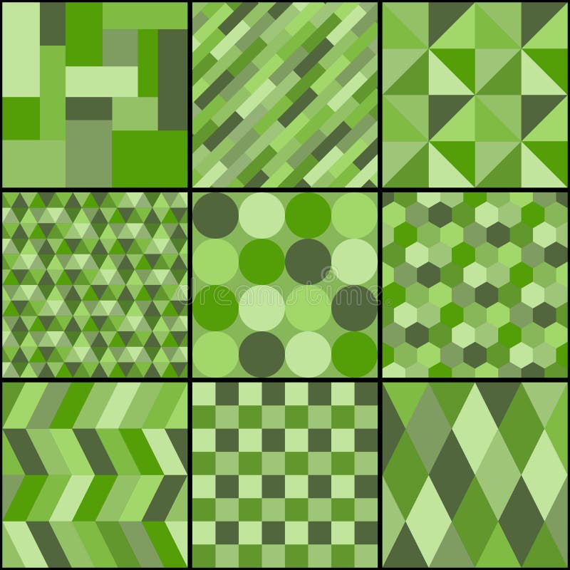 Patchwork from Nine Square Patterns in Green Colors. Vector Drawing ...