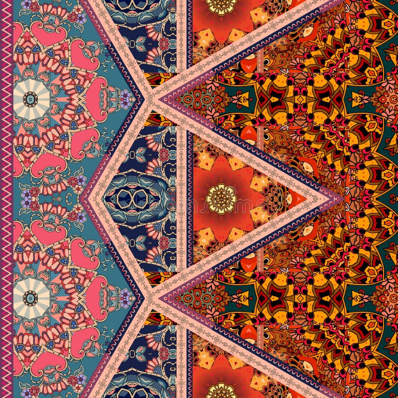 Patchwork Pattern with Bright Ornament, Mandala, Flowers and Decorative Border. Print for Fabric ...