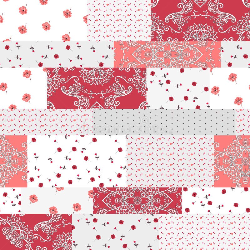 Patchwork Pattern. Floral and Ornamental Patches in Red and White ...